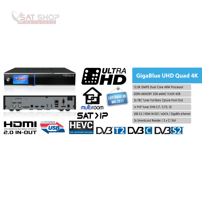 GigaBlue UHD Quad 4K Sat- / Hybrid Receiver 2x DVB-S2 FBC-Tuner + DVB-C ...